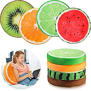 Coume 4 Pcs 15.7 Inch Round Fruit Pillows Stuffed Throw Pillows 3D Watermelon Kiwi Lemon Orange Decorative Floor Cushions Chair Toy Seat Floor Seat Cushions for Kids Couch Sofa Classroom