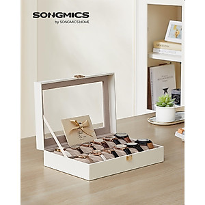 SONGMICS Watch Box, 12-Slot Watch Case with Large Glass Lid, Removable Watch Pillows, Watch Box Organizer, Gift for Loved Ones, Cloud White Synthetic Leather, Cappuccino Beige Lining UJWB120W01