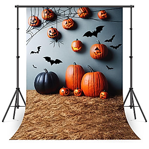 Avezano Halloween Backdrop Black Bats Scary Pumpkin Backdrop Spider Web Hay Fall Backdrops for Baby Shower Kids Family Portrait Photoshoot Studio Props (5x7ft, 59x83inch)