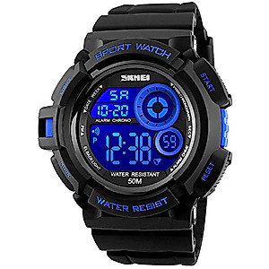 FANMIS Mens Military Multifunction Digital Watches 50M Water Resistant Electronic 7 Color LED Backlight Black Sports Watch (Blue)