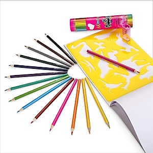 Mimtom Drawing Stencil Kit for Kids, 60 PC Art Set with 370+ Shapes, Sketch Pad, and Colored Pencils for DIY Arts and Crafts for Boys and Girls, Draw with Letter, Animal and Car Stencils, Pink