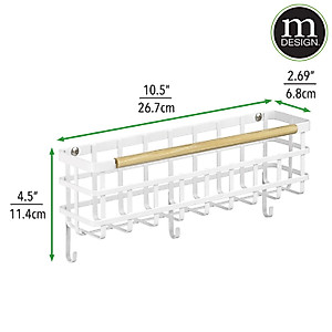 mDesign Metal and Bamboo Wall Mount Mail and Key Holder, 5 Hooks, Hanger Rack Shelf for Entryway, Mudroom, Kitchen, Hold Letters, Magazines, Coats, Umbrellas, Yami Collection, Matte White/Natural