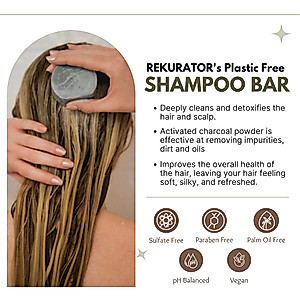 REKURATOR Detoxifying Shampoo Bar with Activated Charcoal, Brown Rice Extracts and Natural Ingredients - Sulfate-free, Paraben-free, Cruelty-free, Phthalate-free, pH balanced 100% Vegan, Zero-Waste