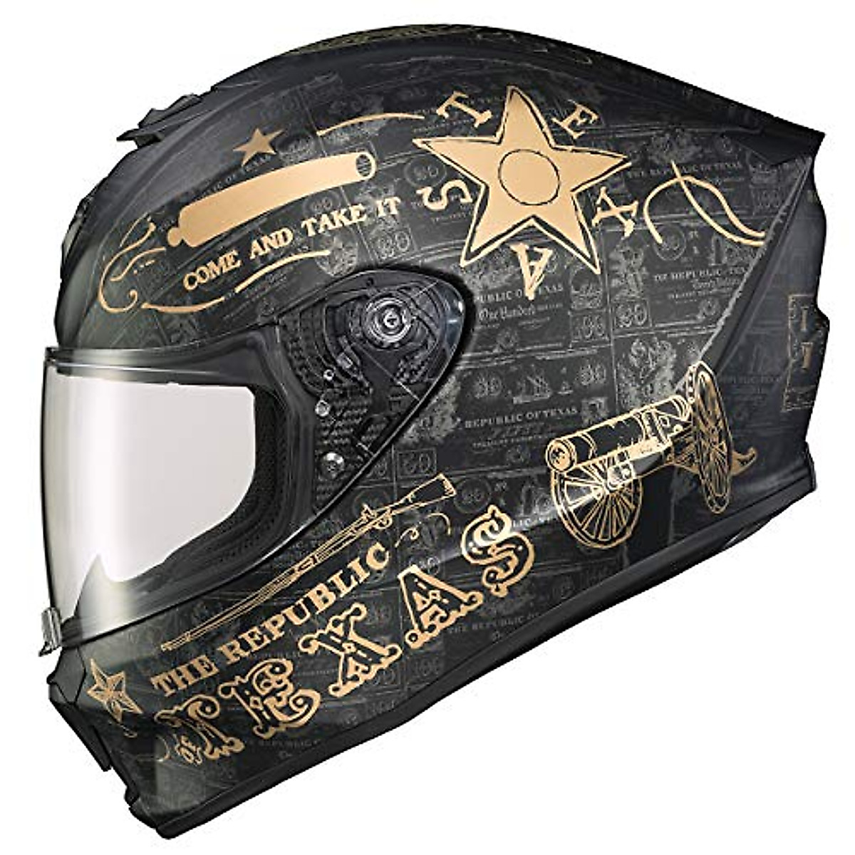 ScorpionEXO R420 Full Face Motorcycle Helmet with Bluetooth Ready Speaker Pockets DOT SNELL Lone Star (Black/Gold - Medium)