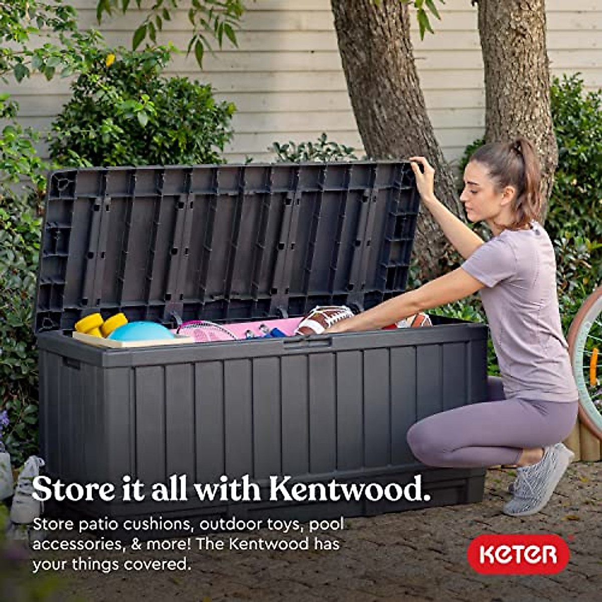 Keter Kentwood 90 Gallon Resin Deck Box-Organization and Storage for Patio Furniture Outdoor Cushions, Throw Pillows, Garden Tools and Pool Toys, Graphite
