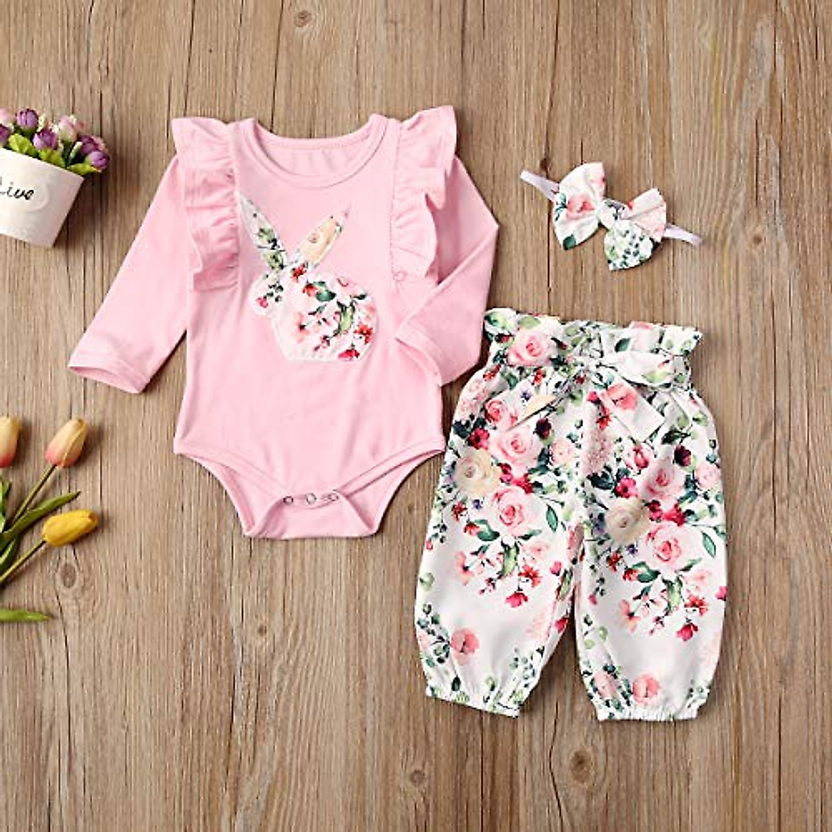 Newborn Baby Girls Easter Outfit Long Sleeve Bunny Print Romper + Floral Pants + Bow Headband 3pcs Set (Light Pink, 6-12m)