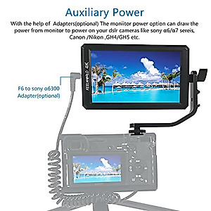FEELWORLD F6+Battery+ Integrated Battery Charger + Micro&Mini HDMI Cords 5.7Inch FHD IPS On Camera 4K HDMI Monitor with Swivel Arm and 8V DC Power Output