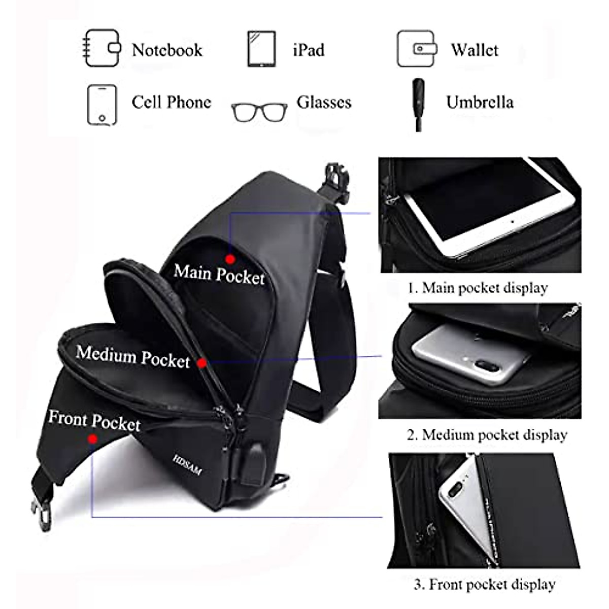 HDSAM Crossbody Bag Sling Backpack Travel Hiking Chest Bag Daypack, Waterproof Casual Day Bag for Travel Hiking Cycling Outdoor Trip Multi-pocket Shoulder Bag Pack with Charge Port & USB Cable