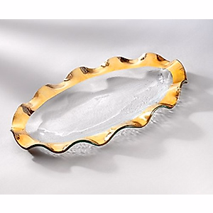 Annieglass Oval Glass Platter Ruffle with Gold Trim