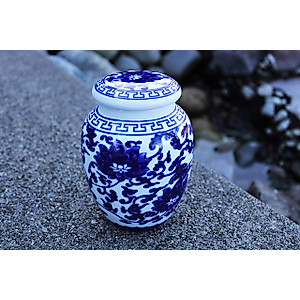 Decorative Blue and White Lotus Pattern Porcelain Storage Container or Display Unit. Small