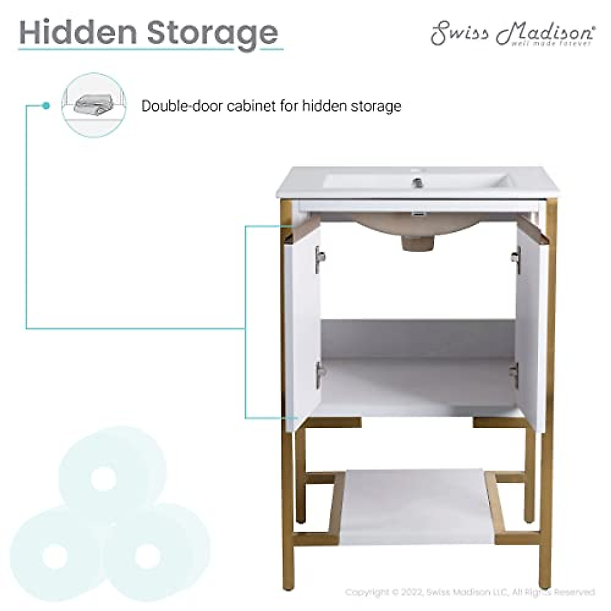 Swiss Madison - well made forever Marseille 24" Bathroom White and Brushed Gold Bath Vanity