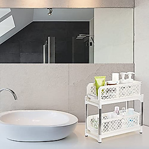 Frcctre 2 Tier Under Sink Cabinet Organizer with Sliding Storage Drawer, White Storage Organizer Baskets with Pull Out Drawers for Kitchen, Countertop, Pantry, Under The Sink, Desktop