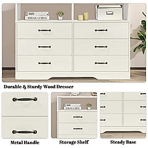 Catrimown White 6 Drawer Dresser for Bedroom Mid Century Modern Dresser Chest of Drawer for Bedroom White Dresser with Shelves Wood Wide Double Dresser for Bedroom Living Room, Wash White