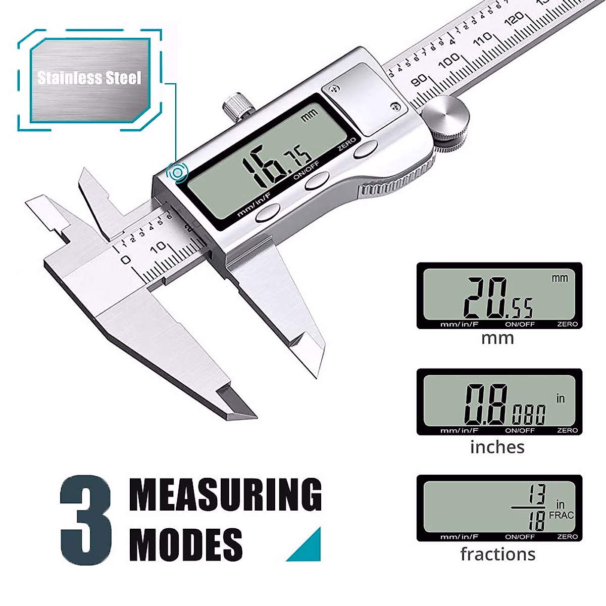 Digital Caliper 6 Inch Stainless Steel Vernier Caliper Digital Electronic Micrometer Caliper Measuring Tool Waterproof Inch/Metric/Fractions Conversion Large LCD Display Auto-Off