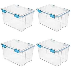 54 Quart Clear Plastic Stackable Storage Container Box Bin with Air Tight Gasket Seal Latching Lid Long Term Organizing Solution, 4 Pack