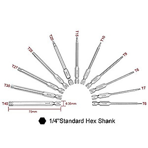 Screwdriver Bit Set Torx, 11 Pcs 1/4 Inch Hex Shank T6-T40 Magnetic S2 Steel Torx Security Head Screwdriver Drill Set Bits with Case (3 Inch Length)