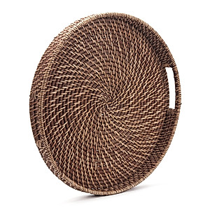 Round Rattan Woven Serving Tray with Handles Ottoman Tray for Breakfast, Drinks, Snacks for Coffee Table, Home Decorative (Honey Brown, 13.8"x2")