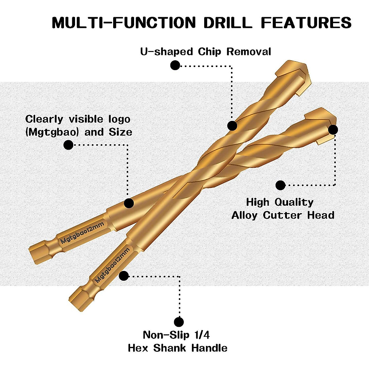 【 New 】 6pcs Golden Masonry Drill Bits Set, Mgtgbao Ceramic Tile Drill Bits Carbide Tip for Glass, Brick, Tile, Concrete, Plastic and Wood with Size 6mm(1/4”), 8mm (5/16”), 10mm (3/8”), 12mm (1/2”).