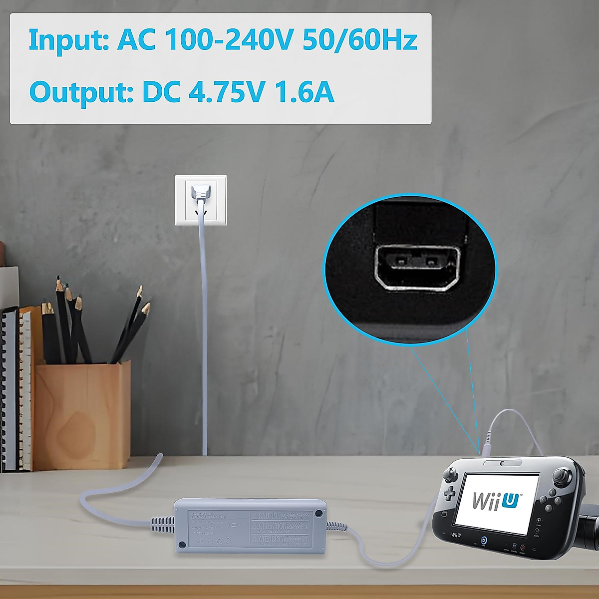 BXIZXD Charger for Wii U Gamepad, AC Power Adapter Charging Cord Replacement for Nintendo Wii U Gamepad