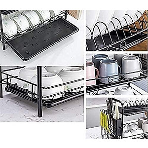 Plate Rack Dish Drainer Rack 2-Layer Chrome Kitchen Drainer Organizer with Utensil Holder/Drain Board/Cutting Board Bracket 2-Layers Pan Plate Holder (Color : Black, Size : 56x23x35cm)