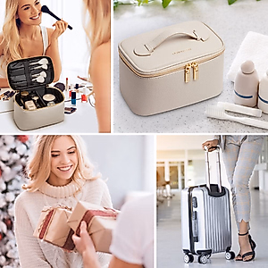 Cosmetic Bag,ROWNYEON Makeup Bag,Portable Makeup Train Case,Travel Toiletry Bag Case Organizer for Women,Beige