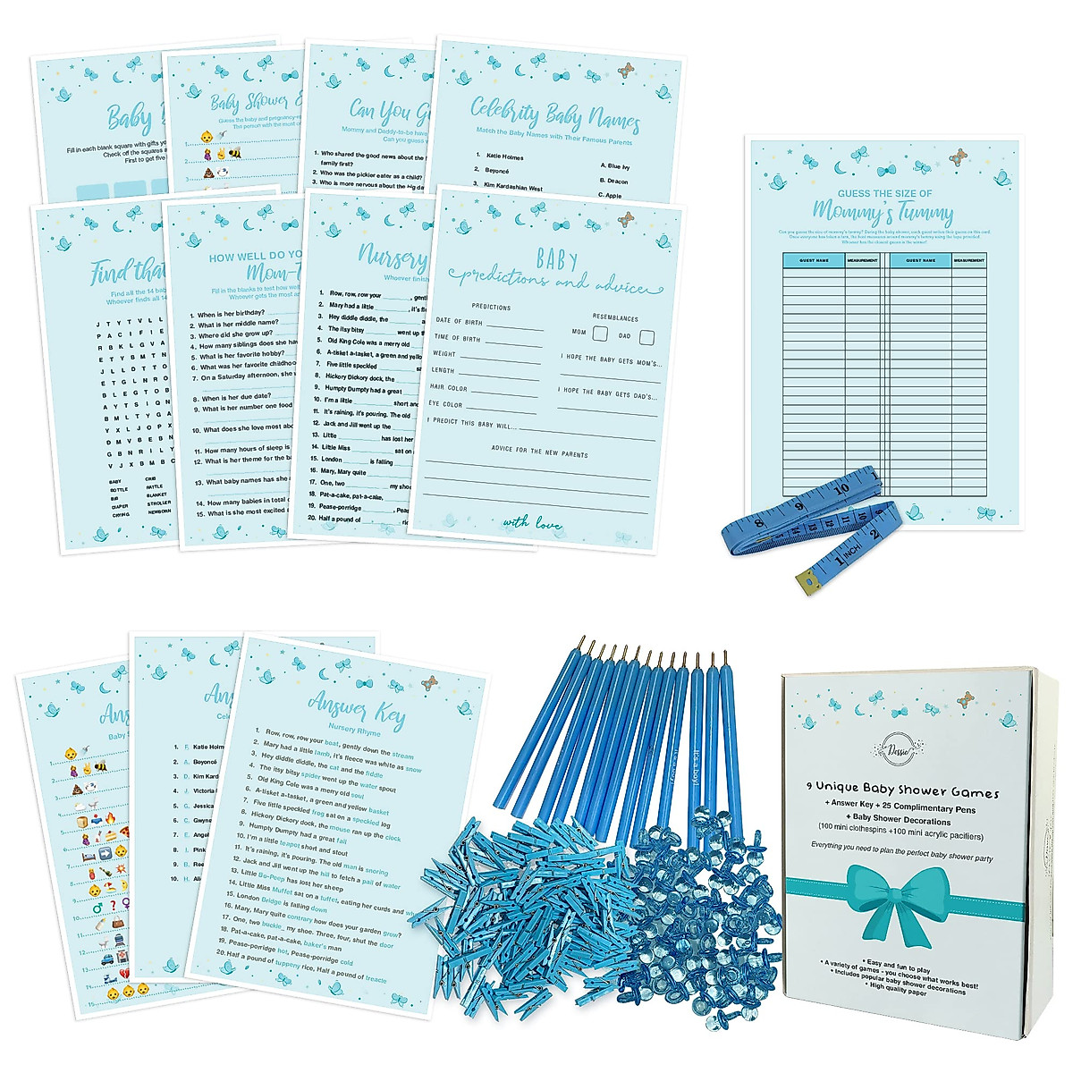 Dessie Baby Shower Games for Boys - Ultimate Boy Baby Shower Kit Includes 9 Unique Games, 25 Pens and Baby Boy Shower Decorations (100 Mini Clothespins +100 Mini Acrylic Pacifiers)