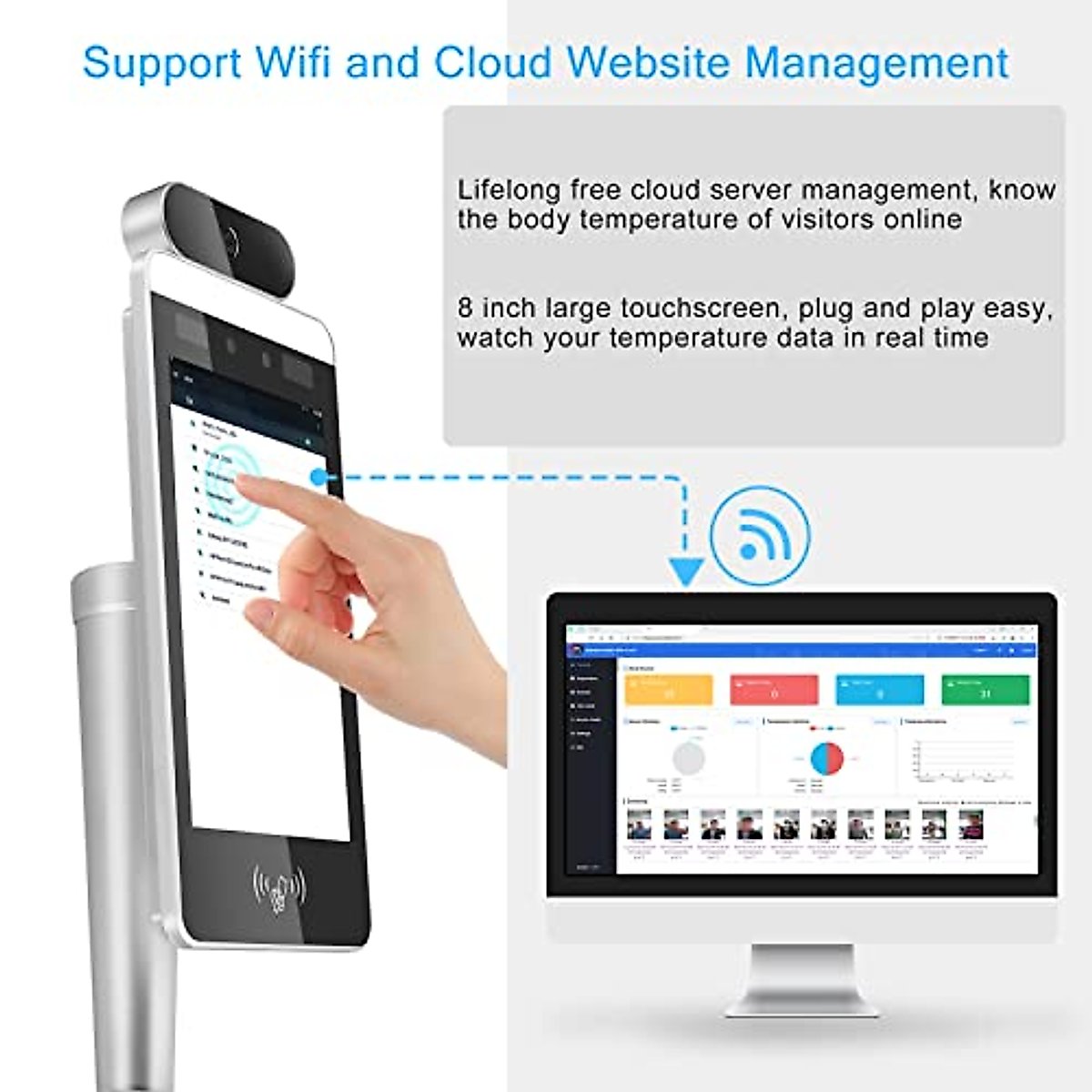 Wi-Fi Non-Contact Face Recognition Automatic Scanner Kiosk with Touch Screen and face Comparison Library(Stand with Hand Sanitizer Dispenser)