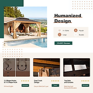 YOLENY 10'x12' Hardtop Gazebo, Wooden Finish Coated Aluminum Frame Canopy with Galvanized Steel Roof, Outdoor Metal Gazebos with Curtains and Nettings for Patio, Backyard, Deck and Lawns