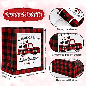 Whaline 12Pcs Valentine's Day Paper Gift Bags with Handle Red Black Buffalo Plaids Candy Goodie Bag Love Heart Truck Cupid Pattern Treat Bags Party Favor Bag for Wedding Engagement Wrapping Supplies