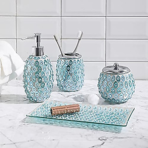Whole HOUSEWARES | 4-Piece Decorative Glass Bathroom Accessories Set | Soap Dispenser, Toothbrush Holder, Cotton Jar, Vanity Tray | Gift Idea | Light Blue/Green