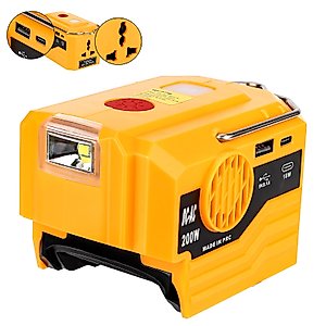 WaxPar 200W Power Inverter Compatible with Dewalt 20V/60V Battery DC 20V to AC 110~120V Outdoor Generator with AC Outlet, LED Light, USB Port, Type C Port Modified Sine Wave Power Inverter