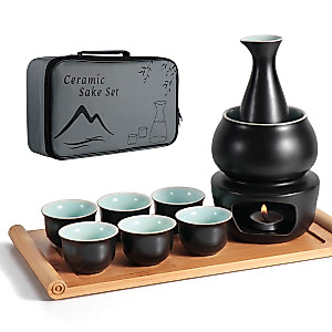 Dltsli Ceramic Sake Set + Bamboo Tray Warmer Pot, Porcelain Stovetop Hot Saki Drink Bottle, 10pcs Set 1 Stove 1 Warming Bowl 1 Sake Bottle 1 Tray 6 Cup Keep Sake Storage Gift Box (Black)