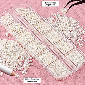 2700 Pcs Flat Back Pearls Kits 1 Box of Flatback White+1 Box of Beige Half Round Pearls with Pickup Pencil And Tweezer for Home DIY And Professional Nail Art, Face Makeup And Craft