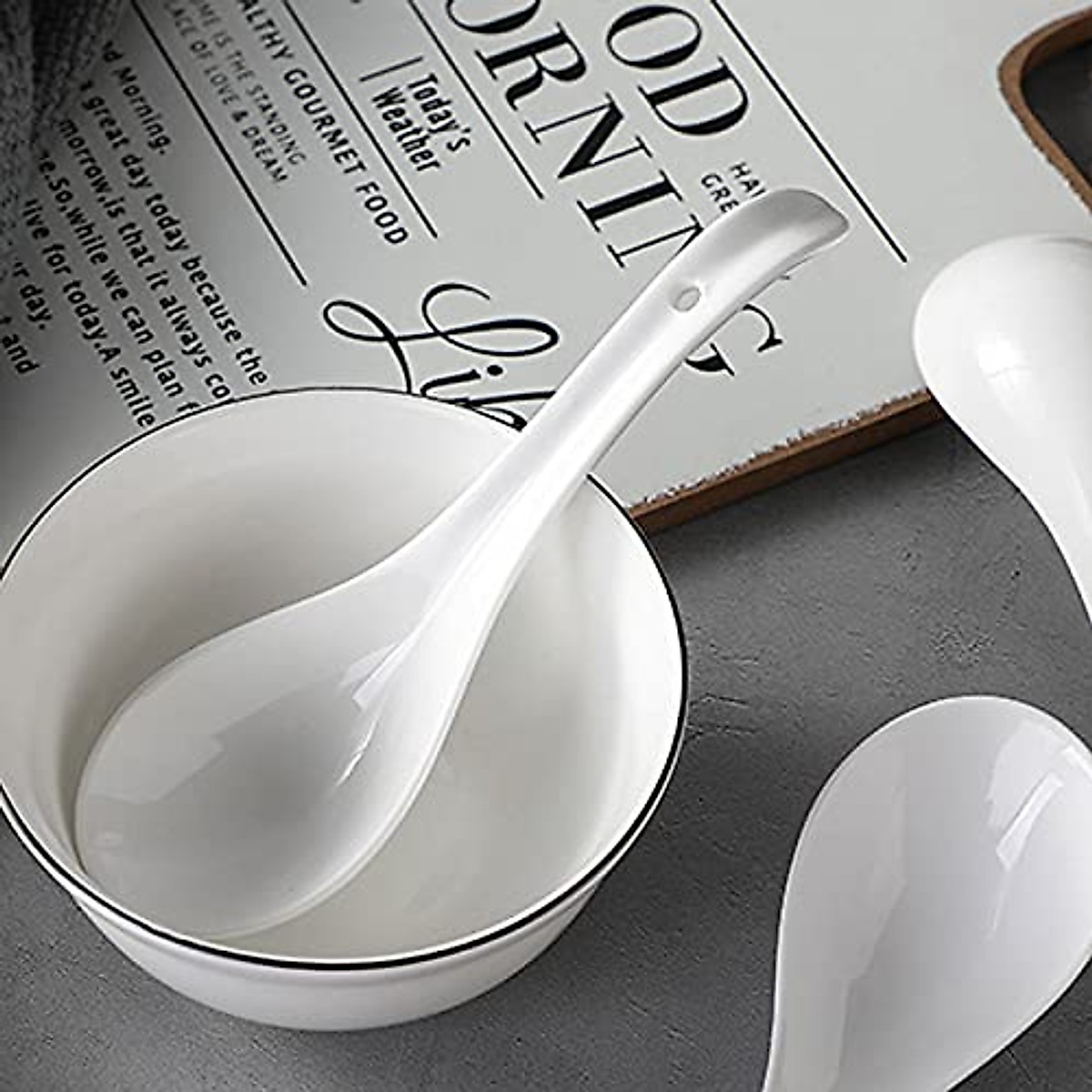 Bright White 6.75 inch Asian Soup Spoon Set of 4, Ultra-fine Porcelain Tablespoon, Chinese Soup Spoons/Japanese Kitchen Soup Spoons for Cereal, Small Spoons for Ramen Pho - Deep Oval Hook Design