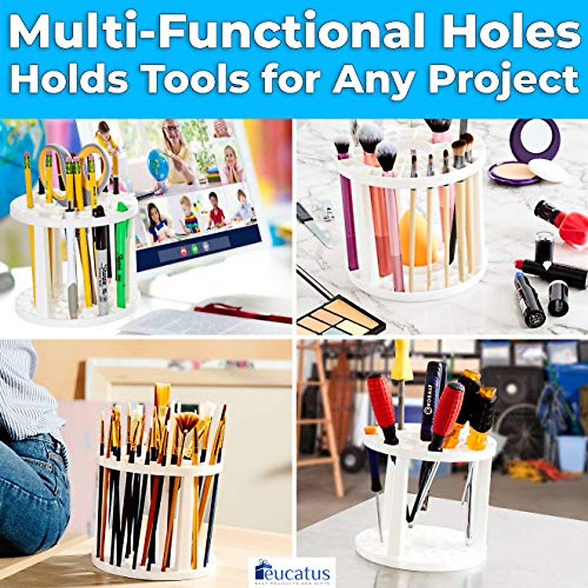 Eucatus Fast-Dry, Easy-Access Paint Brush Holder. Best Desk Organizer or Art Supplies Caddy for Home, School or Office. Store and Dry Makeup or Art Brushes, Scissors, Craft Tools and Accessories