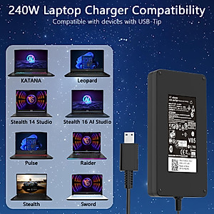 240W USB Tip Charger Compatible with MSI Stealth 17 A16 16 14 AI Studio/Mercedes AMG (13th Gen) GP66 GP76 Leopard GE76 GE66 Raider WE76 CreatorPro Z17 Z16P Z16 X17 A1VFG A1VIG A1VHG A1VGG A1VEG A1VFG