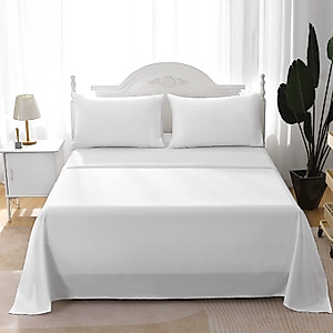 ILAVANDE Luxury 4 Piece White Microfiber King Sheets Set - Super Soft 1800 Series, 14" Deep Pockets, Wrinkle & Fade Resistant for King Size Beds