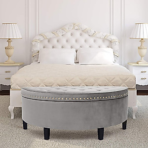 Adeco Half Moon Storage Ottoman, Velvet Upholstered Button Tufted Entryway Bench with Nailhead Trim, Footrest Stool Coffee Table for Bedroom Living Room