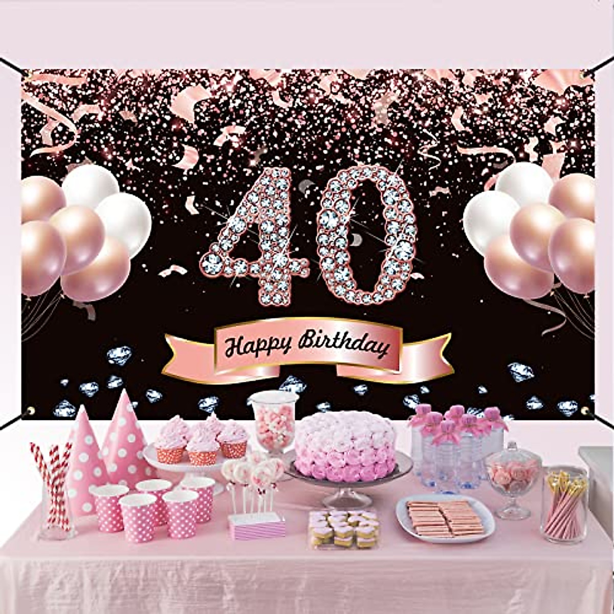 Trgowaul 40th Birthday Decorations for Women - Rose Gold Birthday Backdrop Banner, 40 Year Old Birthday Party Poster Decor, Happy 40th Birthday Party Decoration Photography Background 43.3"L x 70.8"W