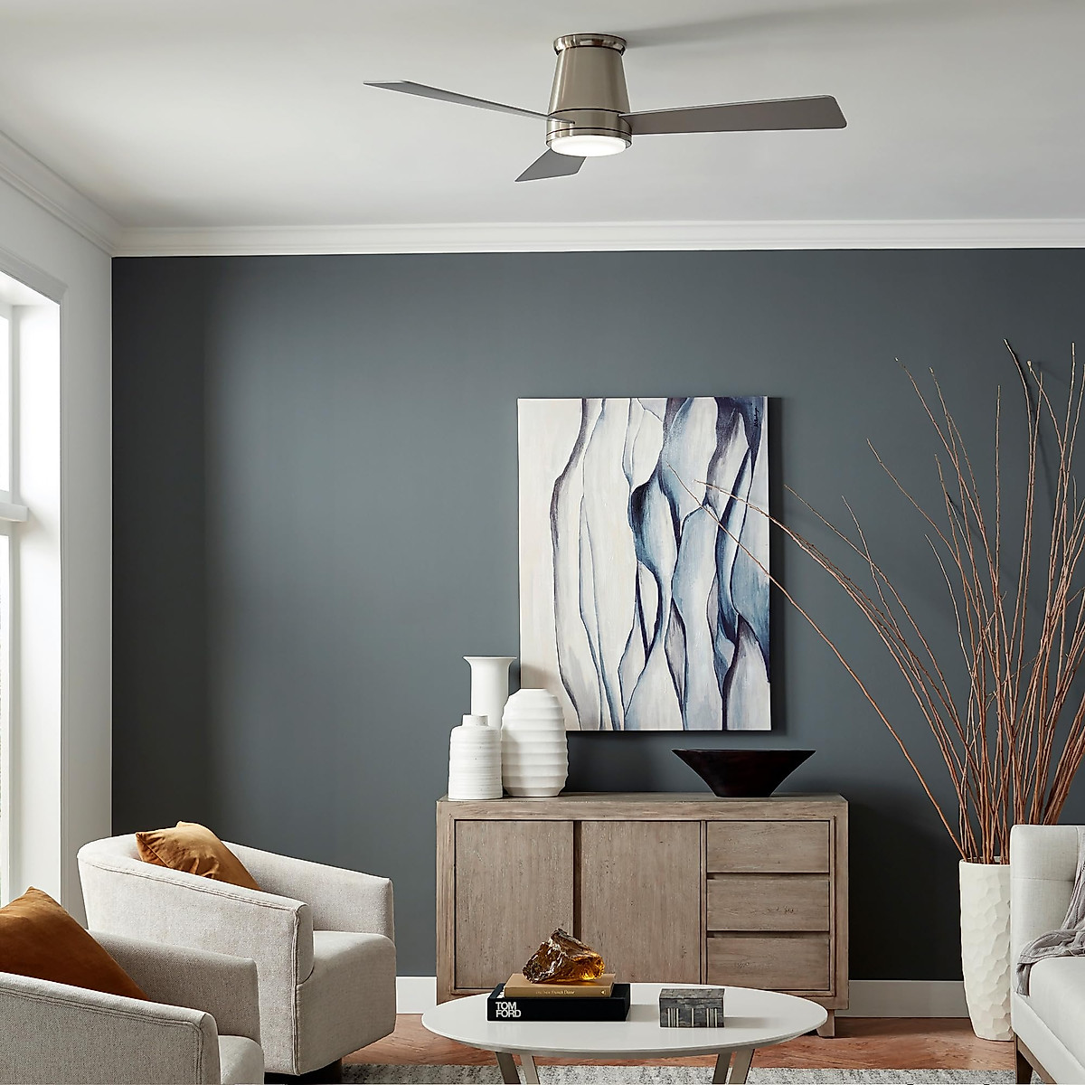 WAC Smart Fans Hug Indoor and Outdoor 3-Blade Flush Mount Ceiling Fan 44in Matte White with 3000K LED Light Kit and Remote Control works with Alexa and iOS or Android App