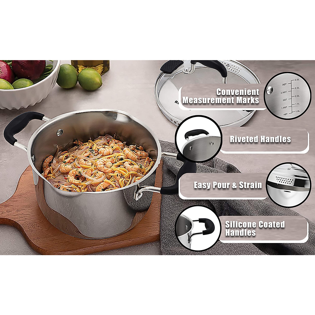 Rorence Stainless Steel Stock Pot with Pour Spout & Silicone Handles & Glass Lid with Strainer - 3.7 Quart