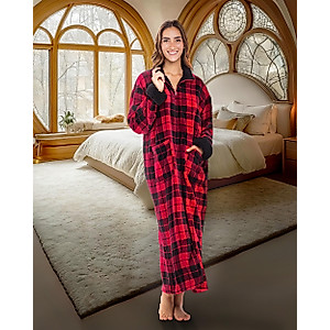Alexander Del Rossa Long Zip Up Robes for Women, Plush Zipper Robes for Women Plus Size, Housecoats for Women Zipper Front Red Black Plaid with Black XL (A0258Q4BXL)