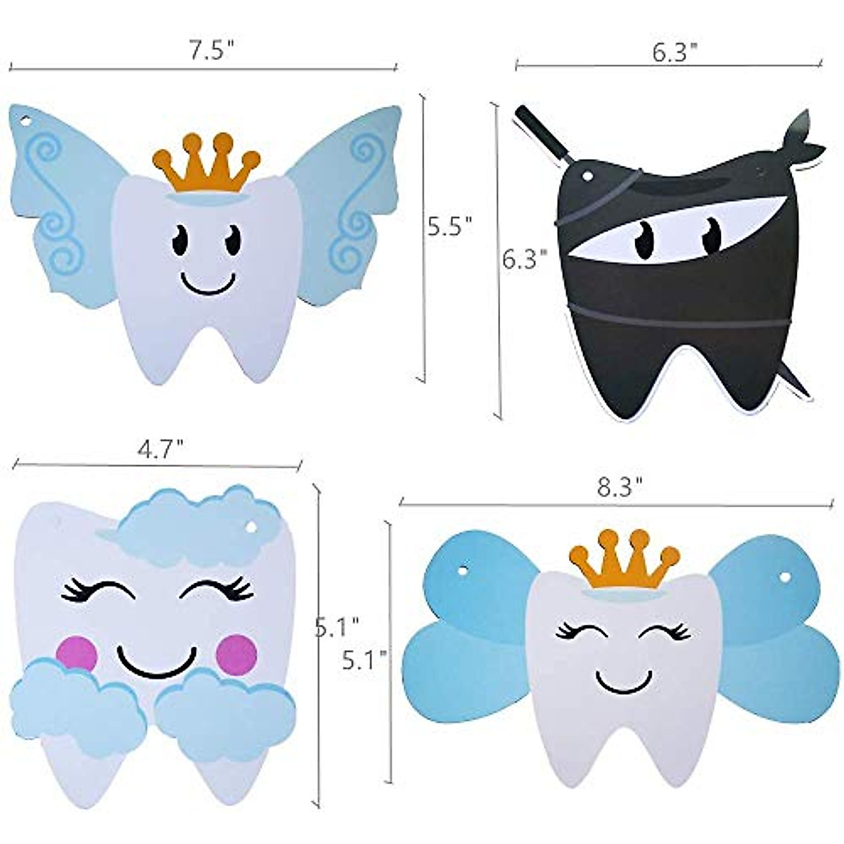 Aduck Baby Shower Decorations Tooth Party Banner for Boys or Girls Birthday Party, 10 Different Smilling Tooth Angel Deisgn with Cute Mustache, Cloud and Crown.