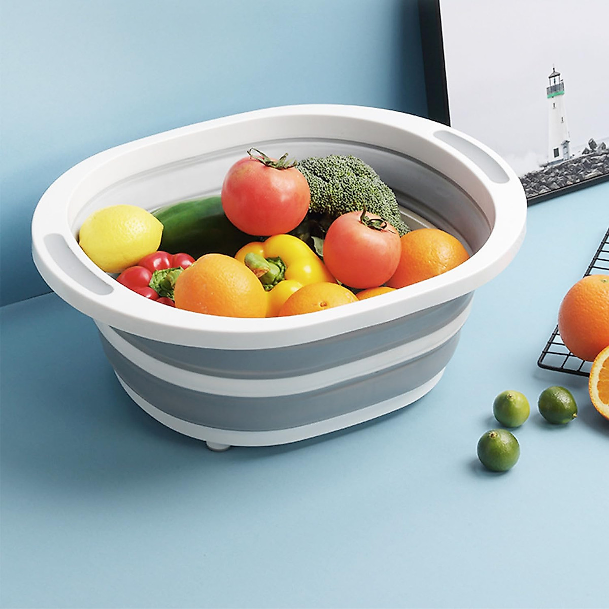 Collapsible Multi-Purpose Plastic Dish Basin 8L(2 Gallon), Space Saving Dish Tub, Folding Chopping Board, 3 in 1 Multifunction Camping Sink for Dish Washing, BBQ Prep, Camping (Gray-1)