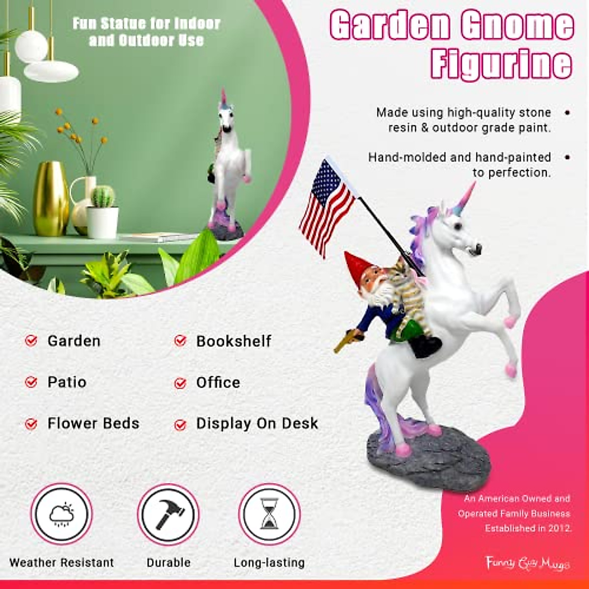 Funny Guy Mugs Garden Gnome Statue - The Ultimate Trio: Cat, Gnome & Unicorn Statue - Indoor/Outdoor Garden Gnome Sculpture for Patio, Yard or Lawn