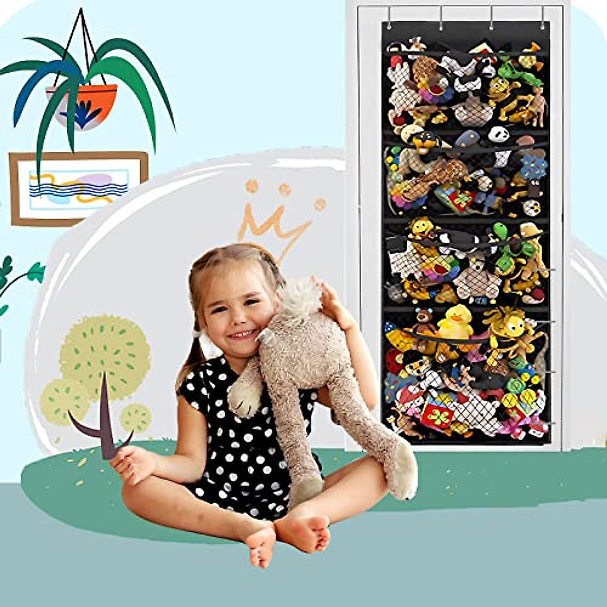 FYY Over The Door Organizer, Hanging Storage for Stuffed Animal with 4 Large Mesh Pocket Breathable Behind Door Wall Mount Organizer for Bedroom Bathroom Closet Toys Storage Black