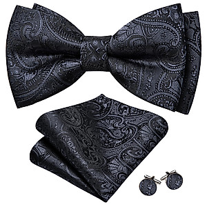 Barry.Wang Men Bow Tie Set Paisley Black Silk Pre-Tied Bowtie Pocket Square Cufflinks Formal Wedding Prom Party Tuxedo