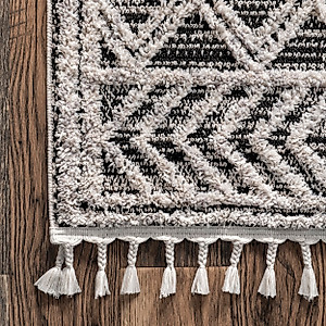 nuLOOM 9x12 Ansley Moroccan Tassel Area Rug, Grey, High-Low Textured Bohemian Design, Plush High Pile, Stain Resistant, For Bedroom, Living Room, Hallway, Entryway