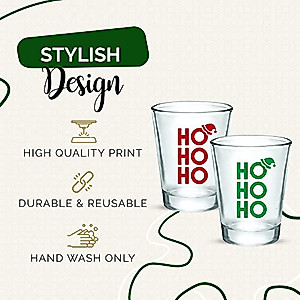 Ho Ho Ho - 6 Red and 6 Green Christmas Shot Glasses - Set of 12 Glass Party Shot Cups with Double-Sided Prints - Holiday Cocktail Glasses for Drinking Liquor, Tequila, Vodka