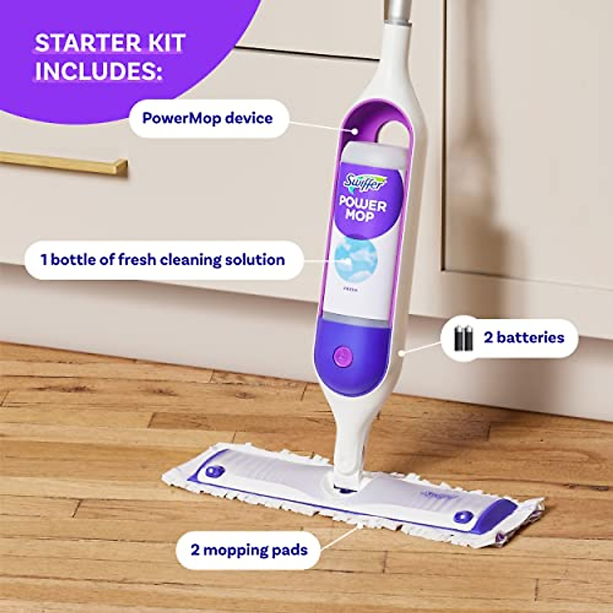 Swiffer PowerMop Multi-Surface Mop Kit for Floor Cleaning, Fresh Scent, Mopping Kit Includes PowerMop, 2 Mopping Pad Refills, 1 Floor Cleaning Solution with Fresh Scent and 2 Batteries